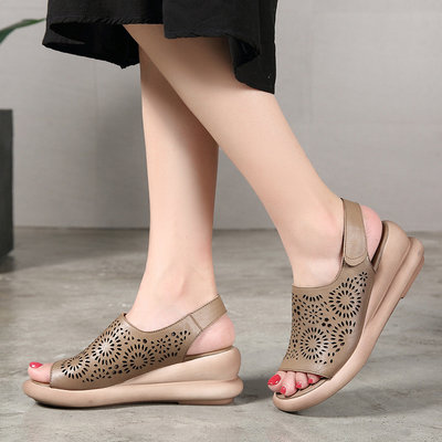 S476 Leather Handmade Velcro Casual Women'S Sandals High Heel Retro Thick Bottom Ethnic Style Summer Women'S Shoes Proce