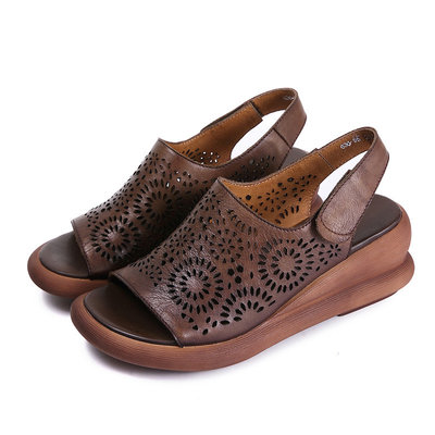 S476 Leather Handmade Velcro Casual Women'S Sandals High Heel Retro Thick Bottom Ethnic Style Summer Women'S Shoes Proce