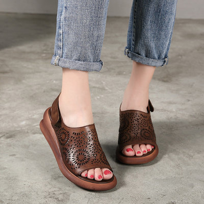 S476 Leather Handmade Velcro Casual Women'S Sandals High Heel Retro Thick Bottom Ethnic Style Summer Women'S Shoes Proce
