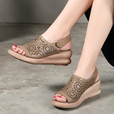 S476 Leather Handmade Velcro Casual Women'S Sandals High Heel Retro Thick Bottom Ethnic Style Summer Women'S Shoes Proce