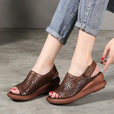 S476 Leather Handmade Velcro Casual Women'S Sandals High Heel Retro Thick Bottom Ethnic Style Summer Women'S Shoes Proce