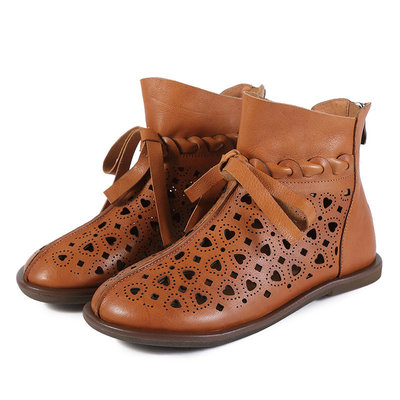 S482 Leather Hollow Breathable High-Top Round-Toe Women'S Shoes Ethnic Style Handmade Flat Spring Shoes 2019 New