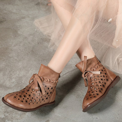 S482 Leather Hollow Breathable High-Top Round-Toe Women'S Shoes Ethnic Style Handmade Flat Spring Shoes 2019 New