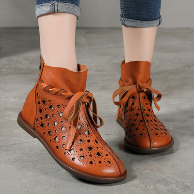 S482 Leather Hollow Breathable High-Top Round-Toe Women'S Shoes Ethnic Style Handmade Flat Spring Shoes 2019 New