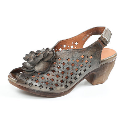 S486 0 Spring And Summer New Fish Mouth Hollow High Heel Fashion Women'S Shoes, Leather Flowers, Ethnic Style Single Sho
