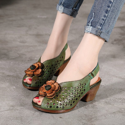 S486 0 Spring And Summer New Fish Mouth Hollow High Heel Fashion Women'S Shoes, Leather Flowers, Ethnic Style Single Sho