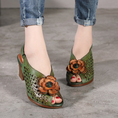 S486 0 Spring And Summer New Fish Mouth Hollow High Heel Fashion Women'S Shoes, Leather Flowers, Ethnic Style Single Sho