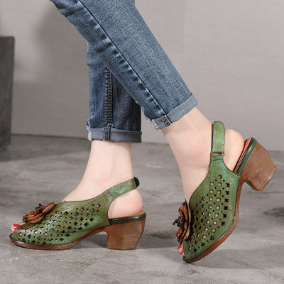 S486 0 Spring And Summer New Fish Mouth Hollow High Heel Fashion Women'S Shoes, Leather Flowers, Ethnic Style Single Sho