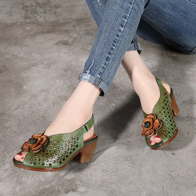 S486 0 Spring And Summer New Fish Mouth Hollow High Heel Fashion Women'S Shoes, Leather Flowers, Ethnic Style Single Sho
