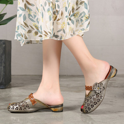 S487 New Summer And Autumn Leather Women'S Sandals And Slippers Fish Mouth Hollow Flowers Ethnic Handmade Women'S Shoes