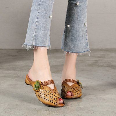 S487 New Summer And Autumn Leather Women'S Sandals And Slippers Fish Mouth Hollow Flowers Ethnic Handmade Women'S Shoes