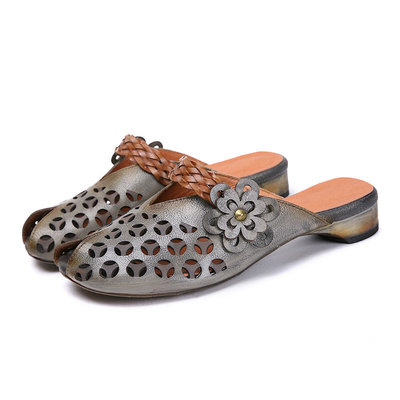 S487 New Summer And Autumn Leather Women'S Sandals And Slippers Fish Mouth Hollow Flowers Ethnic Handmade Women'S Shoes