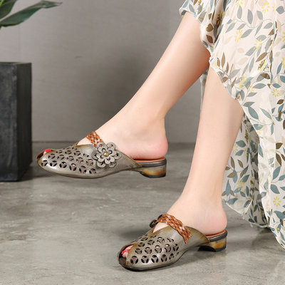 S487 New Summer And Autumn Leather Women'S Sandals And Slippers Fish Mouth Hollow Flowers Ethnic Handmade Women'S Shoes