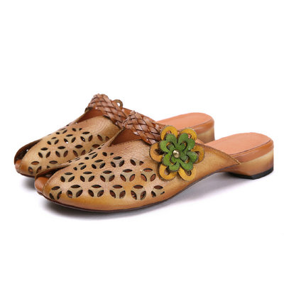 S487 New Summer And Autumn Leather Women'S Sandals And Slippers Fish Mouth Hollow Flowers Ethnic Handmade Women'S Shoes