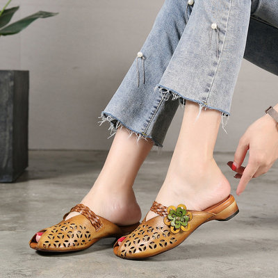 S487 New Summer And Autumn Leather Women'S Sandals And Slippers Fish Mouth Hollow Flowers Ethnic Handmade Women'S Shoes