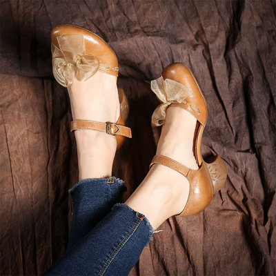 S488 New Sweet Flower Leather Mid-Heel Women'S Shoes Round Toe Comfortable And Convenient Buckle Sandals Wholesale