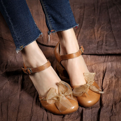 S488 New Sweet Flower Leather Mid-Heel Women'S Shoes Round Toe Comfortable And Convenient Buckle Sandals Wholesale
