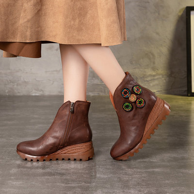 S489 Explosive Waterproof Platform Slope Heel Women'S Shoes Retro Handmade Leather Fashion Zipper Single Shoes Women