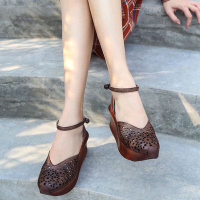 S490 2020 Summer New Hole Shoes Cool And Breathable High-Heeled Thick-Soled Leather Women'S Sandals With Convenient Buck