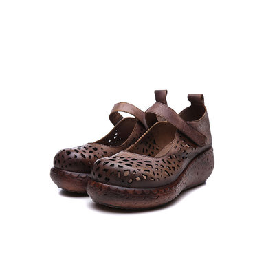 S492 Retro Ethnic Style Thick-Soled Sandals With Velcro Hollow Leather Handmade High-Heeled Women'S Shoes Wholesale Proc