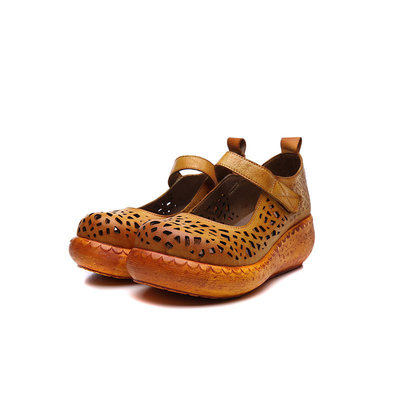 S492 Retro Ethnic Style Thick-Soled Sandals With Velcro Hollow Leather Handmade High-Heeled Women'S Shoes Wholesale Proc
