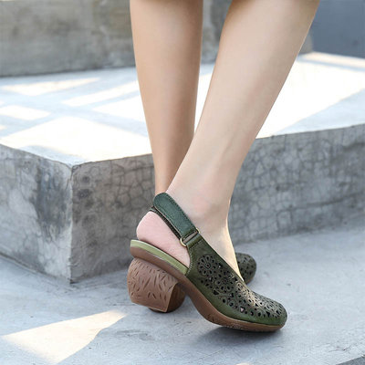 S494 Summer New Hole Sandals Leather Fashion Sexy Round Toe Buckle Mid Heel Women'S Shoes Wholesale