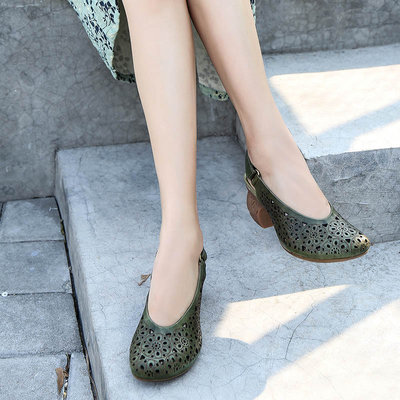 S494 Summer New Hole Sandals Leather Fashion Sexy Round Toe Buckle Mid Heel Women'S Shoes Wholesale