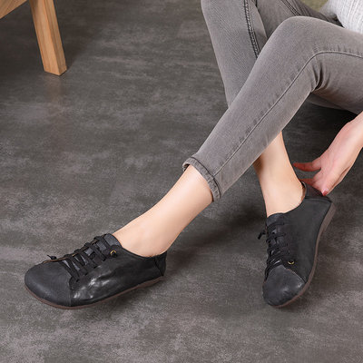 S497 Single Shoes Ladies 2020 Spring Retro Handmade Leather Women'S Shoes Lace-Up Two-Wear Flat-Bottom Lazy Shoes