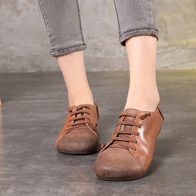S497 Single Shoes Ladies 2020 Spring Retro Handmade Leather Women'S Shoes Lace-Up Two-Wear Flat-Bottom Lazy Shoes