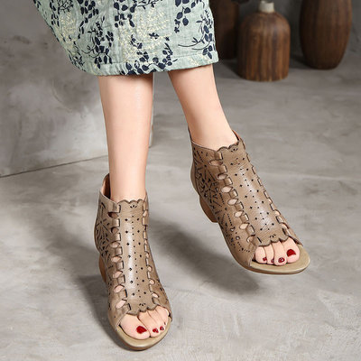 S501 Open Toe Leather Fashion Mid-Heel Women'S Shoes New Hollow Fish Mouth Cool Women'S Shoes Factory Direct Sales