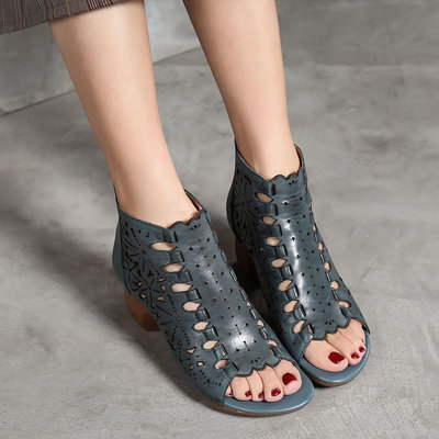S501 Open Toe Leather Fashion Mid-Heel Women'S Shoes New Hollow Fish Mouth Cool Women'S Shoes Factory Direct Sales