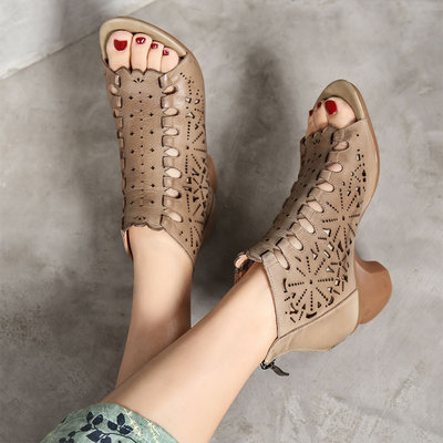 S501 Open Toe Leather Fashion Mid-Heel Women'S Shoes New Hollow Fish Mouth Cool Women'S Shoes Factory Direct Sales