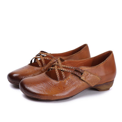 S502 Retro Ethnic Style Handmade Leather Women'S Shoes Fashion New Simple Velcro Shoes Manufacturers
