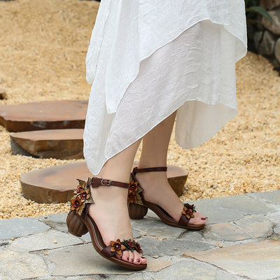 S506 New Floral Temperament Women'S Heel Sandals With Cool Round Head And Comfortable Buckle Mid-Heel Sandals