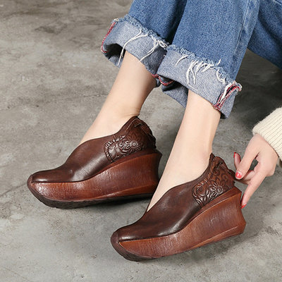 S508 New Spring And Autumn Thick-Soled Thick-Heeled Leather Shoes, Comfortable And Breathable Handmade Retro Women'S Sho
