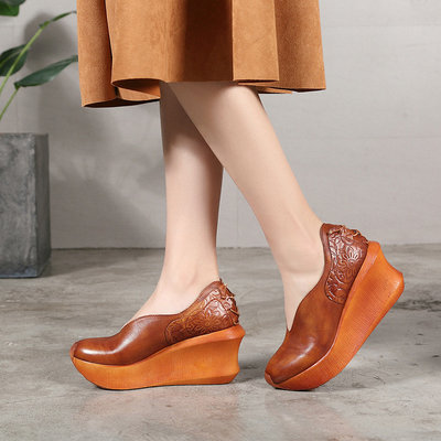 S508 New Spring And Autumn Thick-Soled Thick-Heeled Leather Shoes, Comfortable And Breathable Handmade Retro Women'S Sho