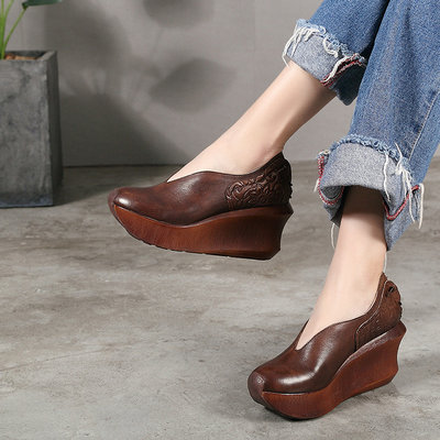 S508 New Spring And Autumn Thick-Soled Thick-Heeled Leather Shoes, Comfortable And Breathable Handmade Retro Women'S Sho