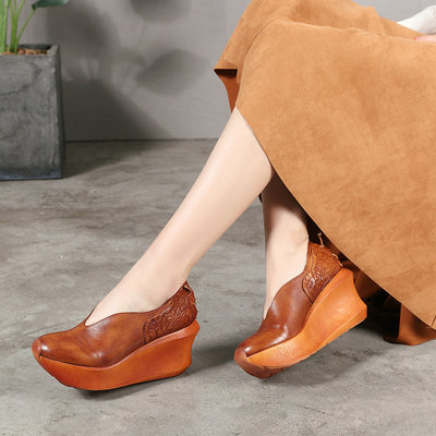 S508 New Spring And Autumn Thick-Soled Thick-Heeled Leather Shoes, Comfortable And Breathable Handmade Retro Women'S Sho