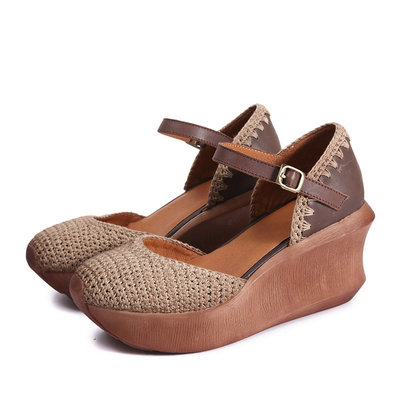 S509 New Style Handmade Knit Leather Women'S Shoes Literary Fashion Platform Platform Shoes Ethnic Increased Wedge Shoes