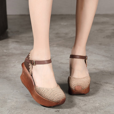 S509 New Style Handmade Knit Leather Women'S Shoes Literary Fashion Platform Platform Shoes Ethnic Increased Wedge Shoes