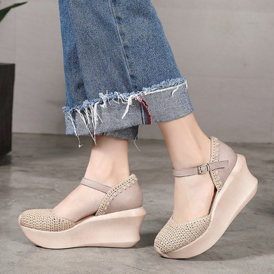 S509 New Style Handmade Knit Leather Women'S Shoes Literary Fashion Platform Platform Shoes Ethnic Increased Wedge Shoes