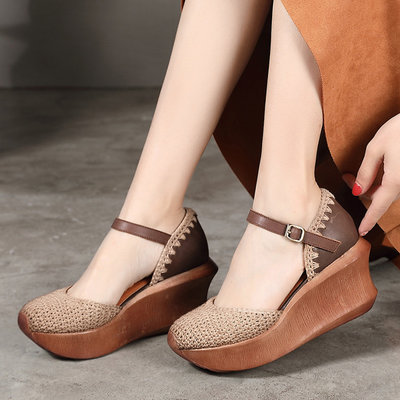 S509 New Style Handmade Knit Leather Women'S Shoes Literary Fashion Platform Platform Shoes Ethnic Increased Wedge Shoes