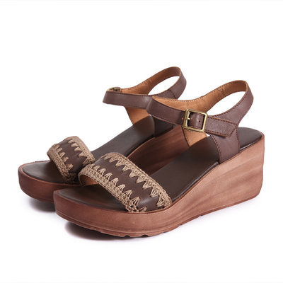 S510 Summer New Retro Leather Women'S Open-Toe Sandals Handmade Knitted Ladies Wedge Shoes Factory Direct Sales