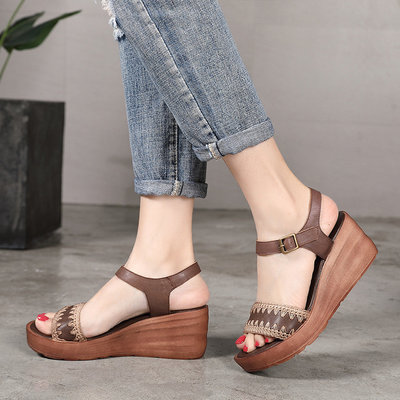 S510 Summer New Retro Leather Women'S Open-Toe Sandals Handmade Knitted Ladies Wedge Shoes Factory Direct Sales