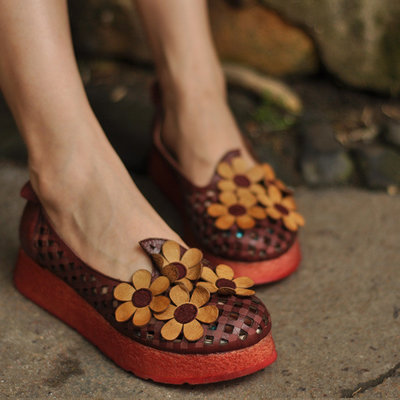 S514 Summer Literature And Art Hollow Flower Women'S Shoes Flat Cowhide Casual Shoes Comfortable And Versatile Casual Sh