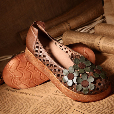 S514 Summer Literature And Art Hollow Flower Women'S Shoes Flat Cowhide Casual Shoes Comfortable And Versatile Casual Sh