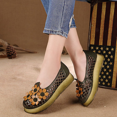 S514 Summer Literature And Art Hollow Flower Women'S Shoes Flat Cowhide Casual Shoes Comfortable And Versatile Casual Sh
