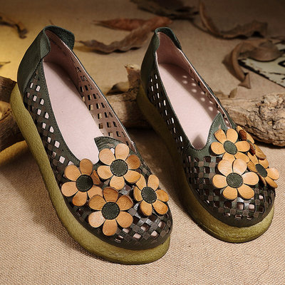 S514 Summer Literature And Art Hollow Flower Women'S Shoes Flat Cowhide Casual Shoes Comfortable And Versatile Casual Sh