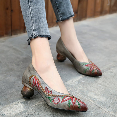 S515 2020 Retro Ethnic Embroidery Pointed High Heel Leather Women'S Shoes Spring And Summer Leather Handmade Single Shoe