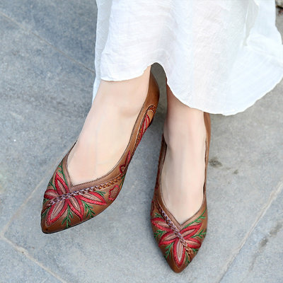 S515 2020 Retro Ethnic Embroidery Pointed High Heel Leather Women'S Shoes Spring And Summer Leather Handmade Single Shoe